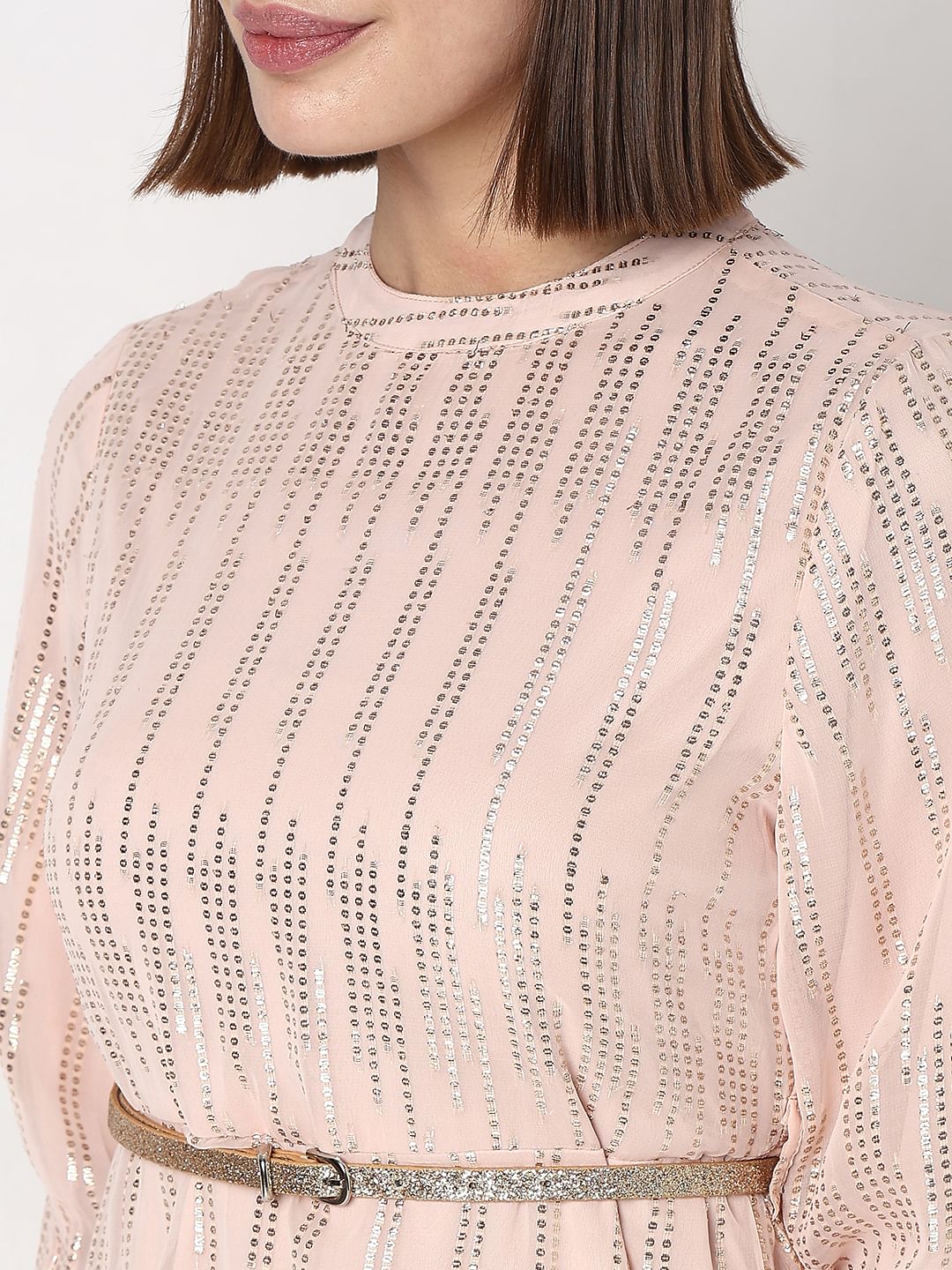 Beige Sequin Detail Midi Dress